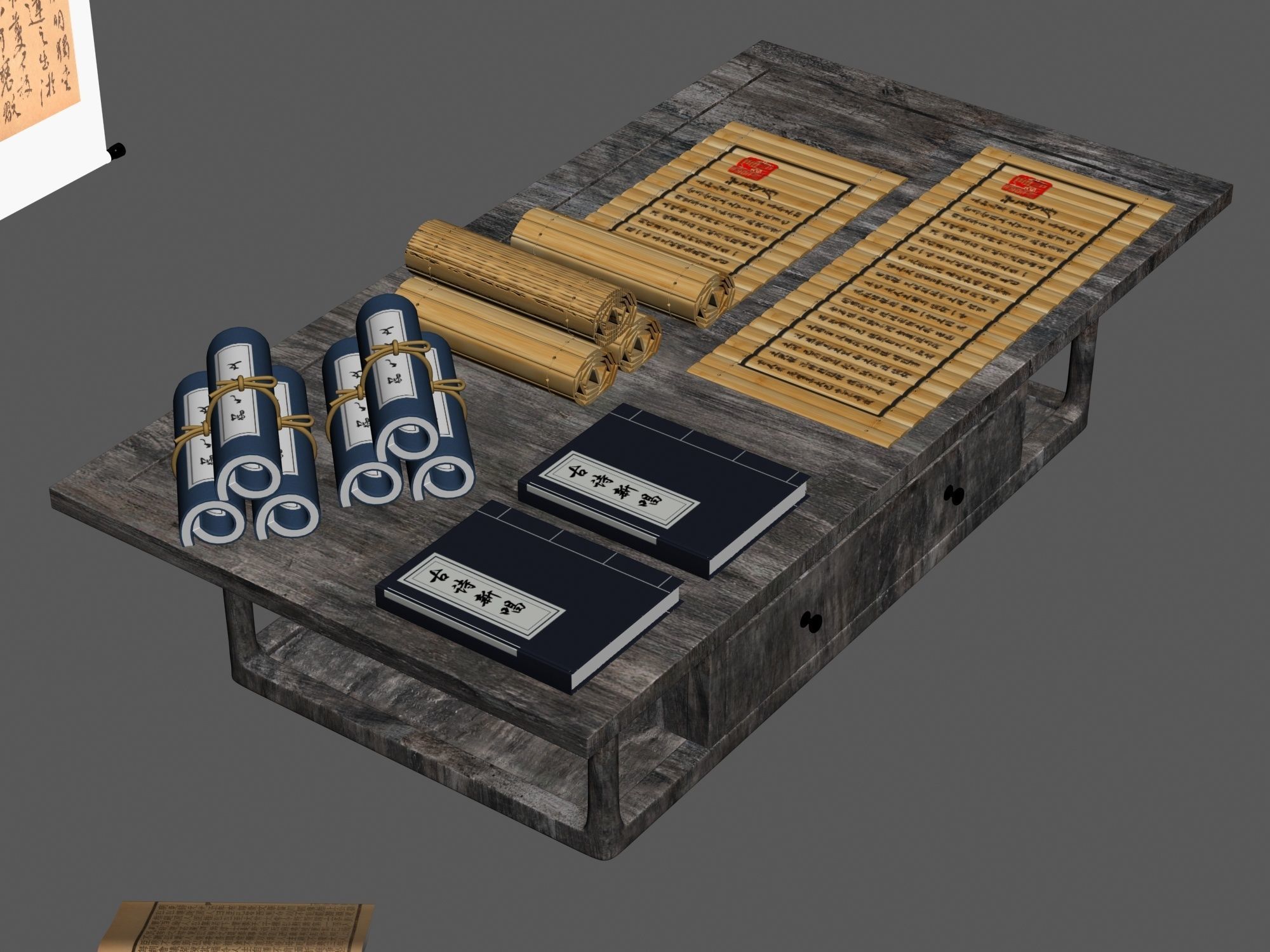 Ancient Chinese books wooden slips desk 3D model | CGTrader