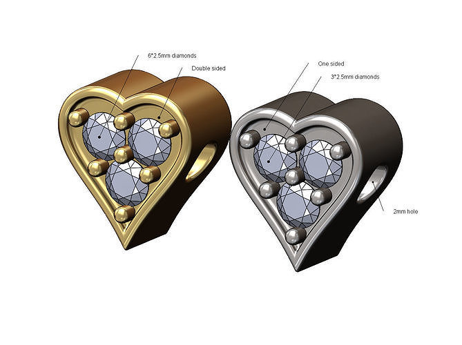 Pinched diamond heart charm and bracelet bead 3D model 3D printable ...