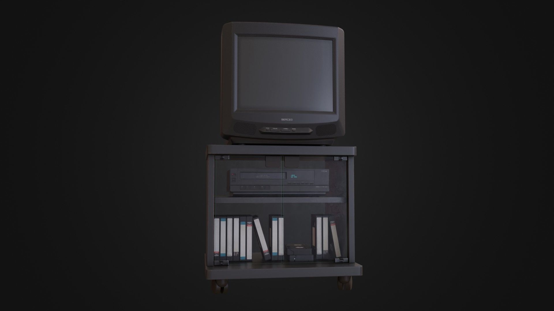 3D model CRT Television with TV stand VCR player and VHS tapes VR / AR ...