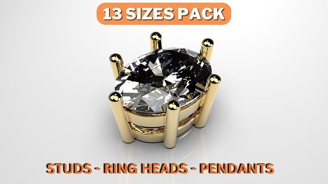 Oval shape 6 prong setting stud earrings or solitaite ring heads 3D ...
