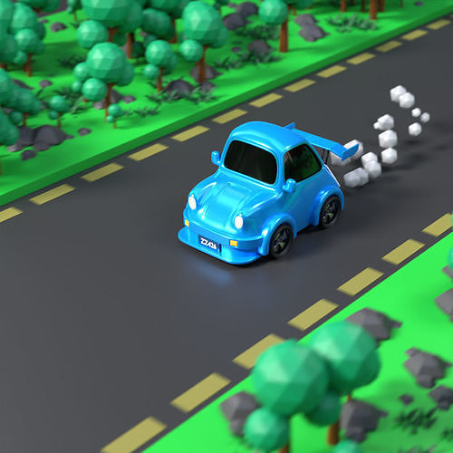 the little blue car on the road 3D model | CGTrader