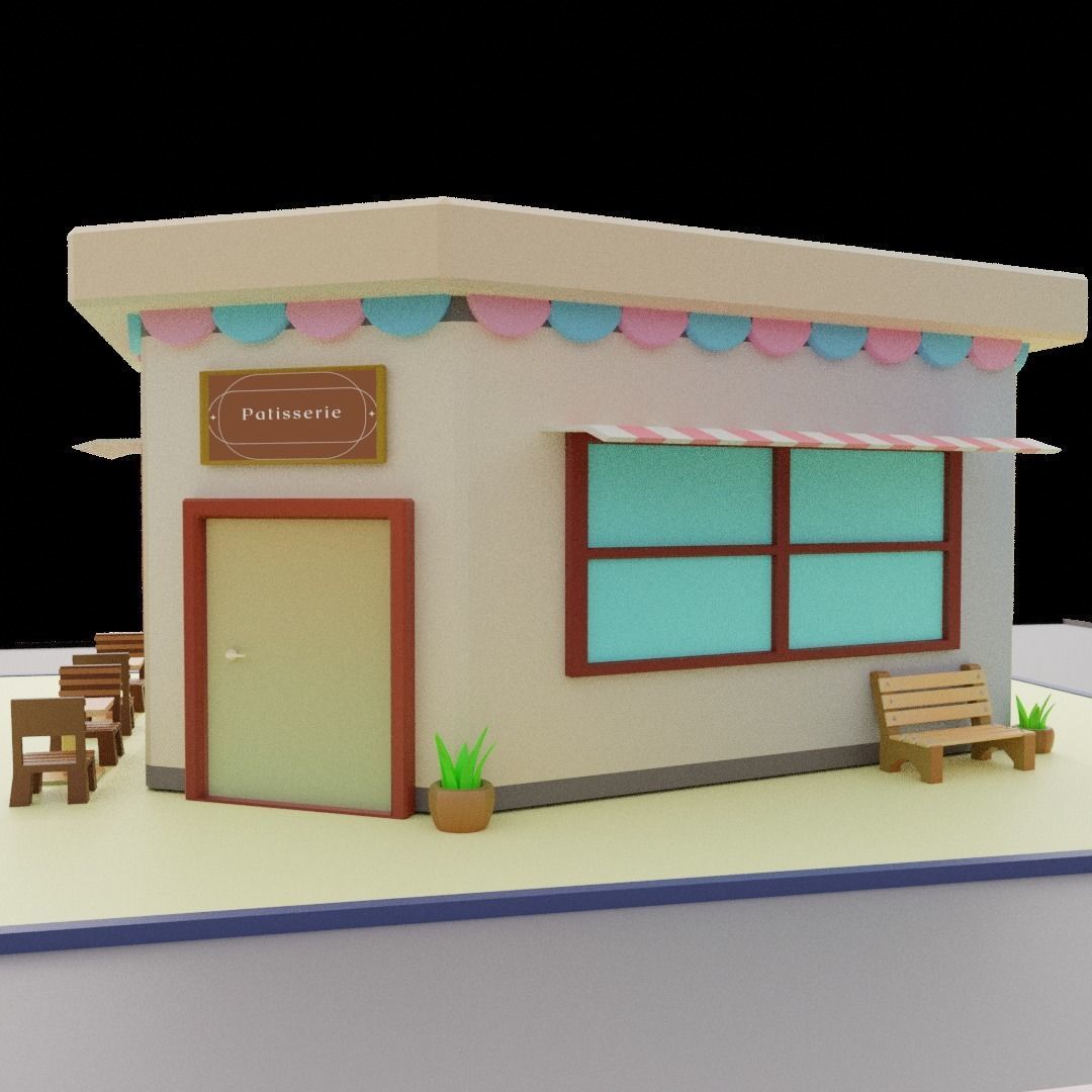 3D model Low Poly Patisserie donut shop with tables and chairs VR / AR ...