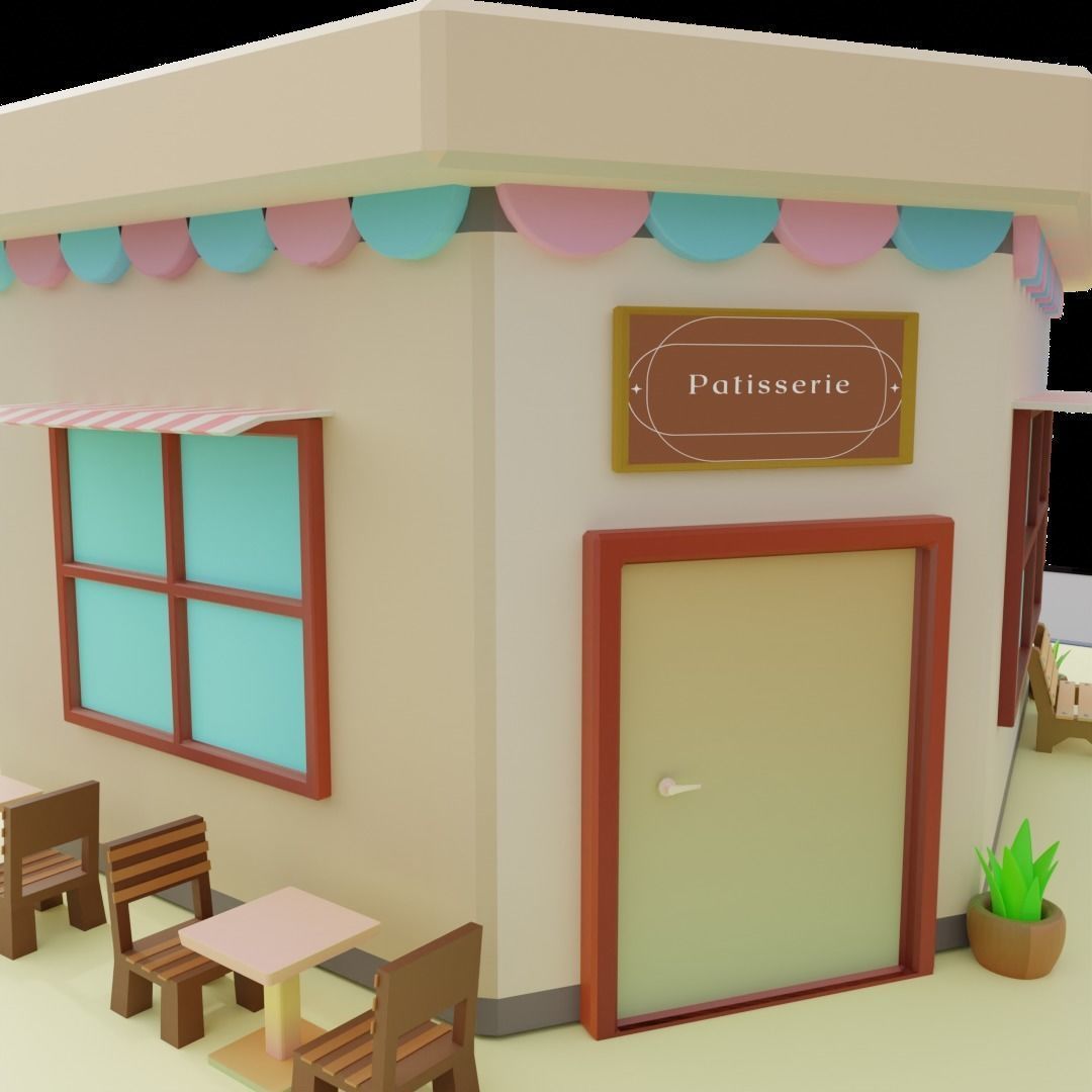 3D model Low Poly Patisserie donut shop with tables and chairs VR / AR ...