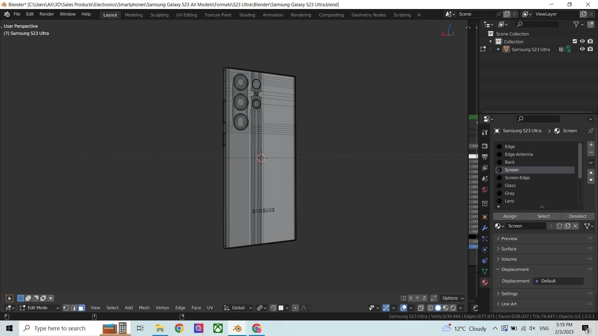 3D model Samsung Galaxy S23 Ultra in Official Design VR / AR / low-poly ...