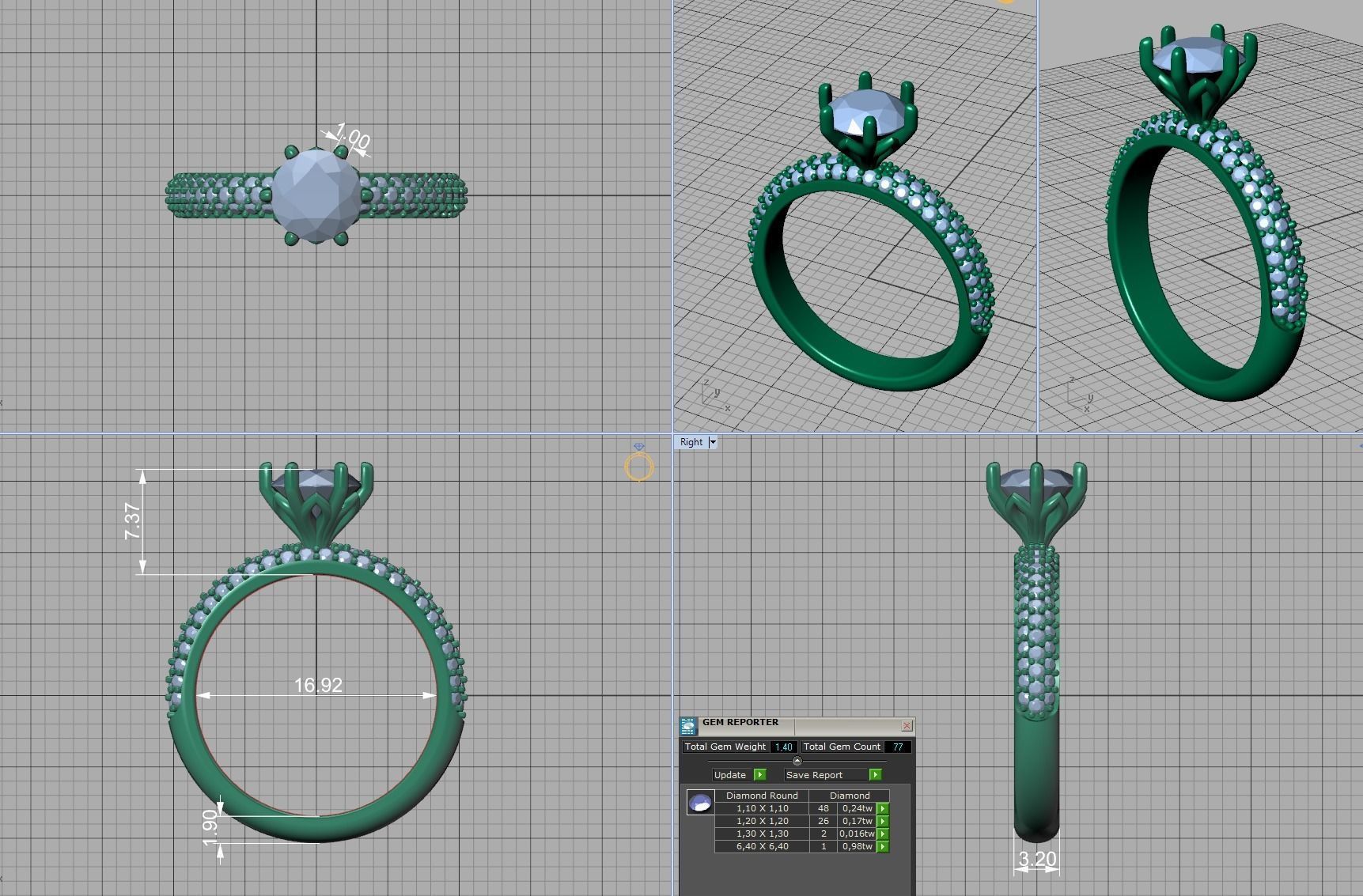 Gianna Engagement 3-Row Diamond Ring 1ct stone 3dprint model 3D model ...