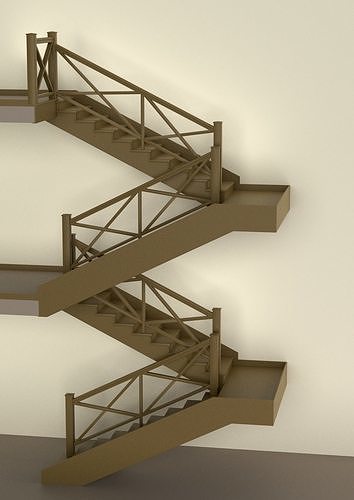 Ladder-oak staircase in building with metal railings 3D model | CGTrader