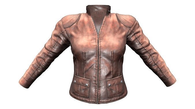 3D model Female Brown Zipped Biker Racer Leather Jacket VR / AR / low ...