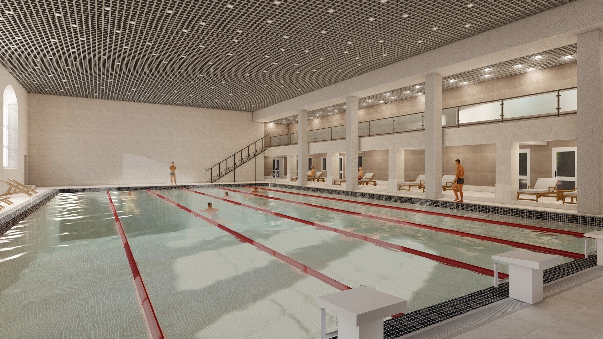 3D model of a public building with a swimming pool interior 3D model ...