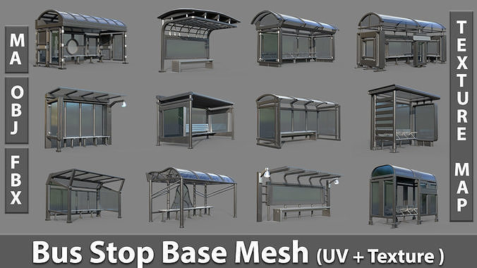 3D model 12 Bus Stop Base Mesh with UVs and Textures Vol 1 VR / AR ...