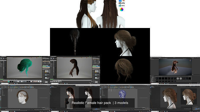 3D Model Collection Realistic Female hair pack VR / AR / low-poly ...