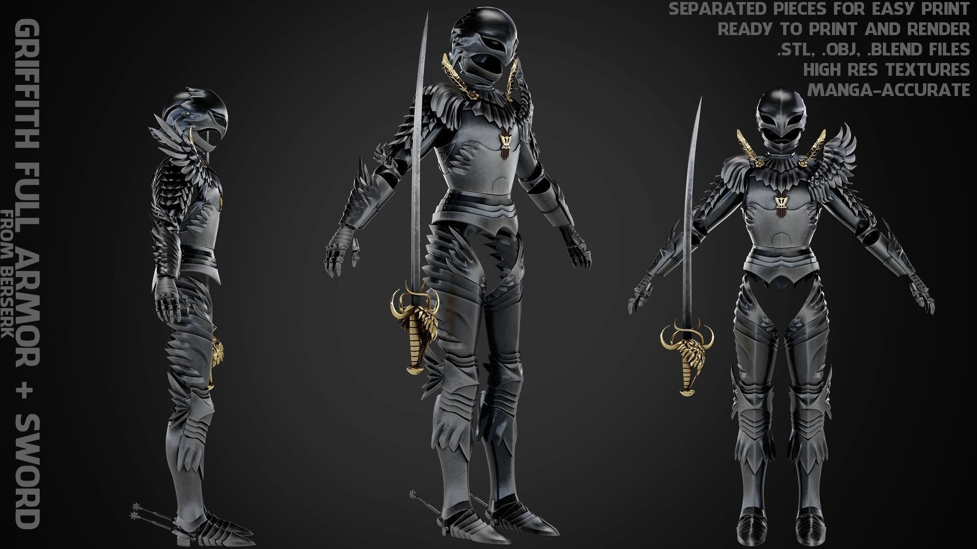 Berserk Griffith Full Armor and Sword for Cosplay 3D Model Collection ...