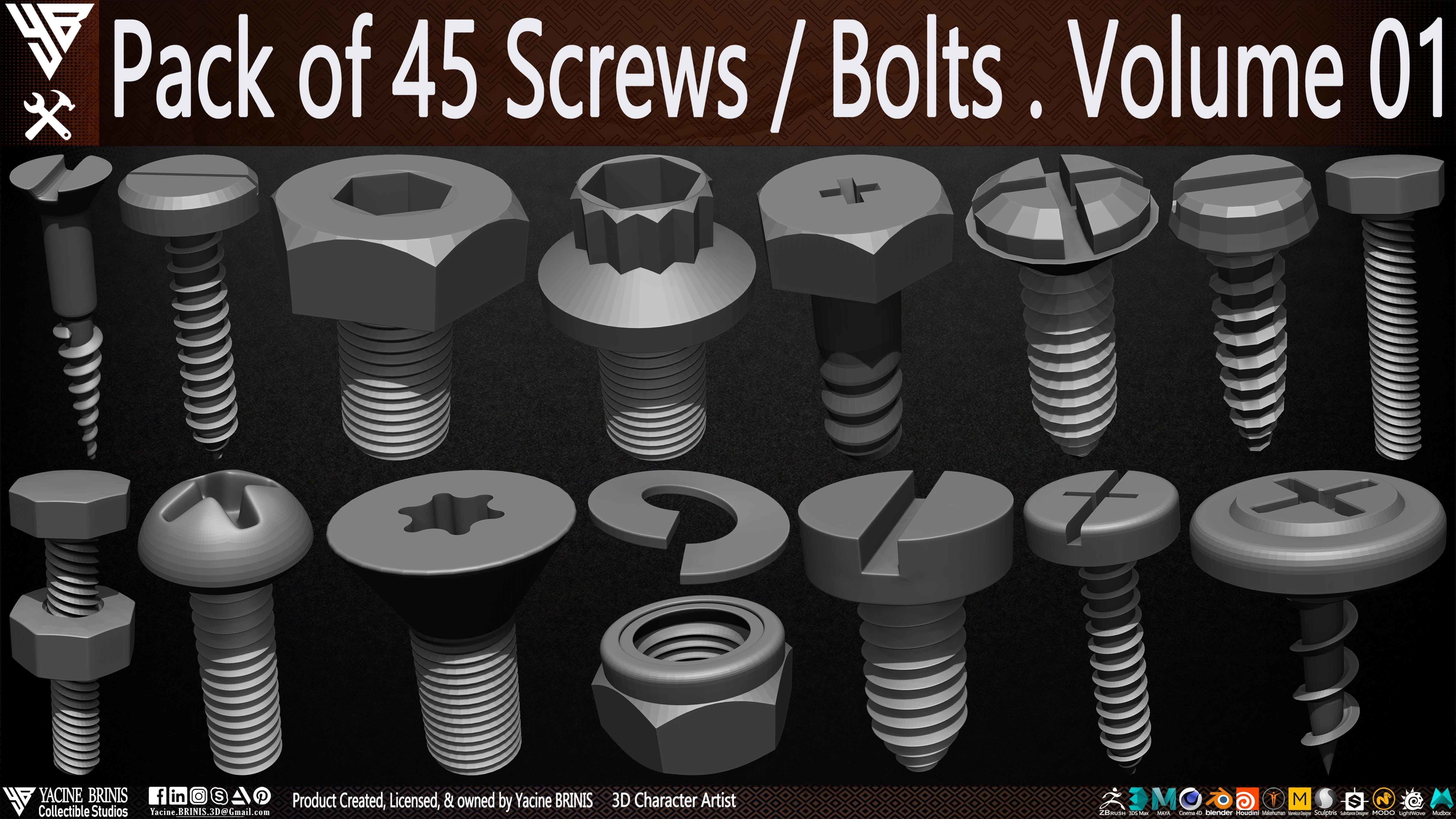 3D model Pack of 45 Screws-Bolts Volume 01 VR / AR / low-poly | CGTrader