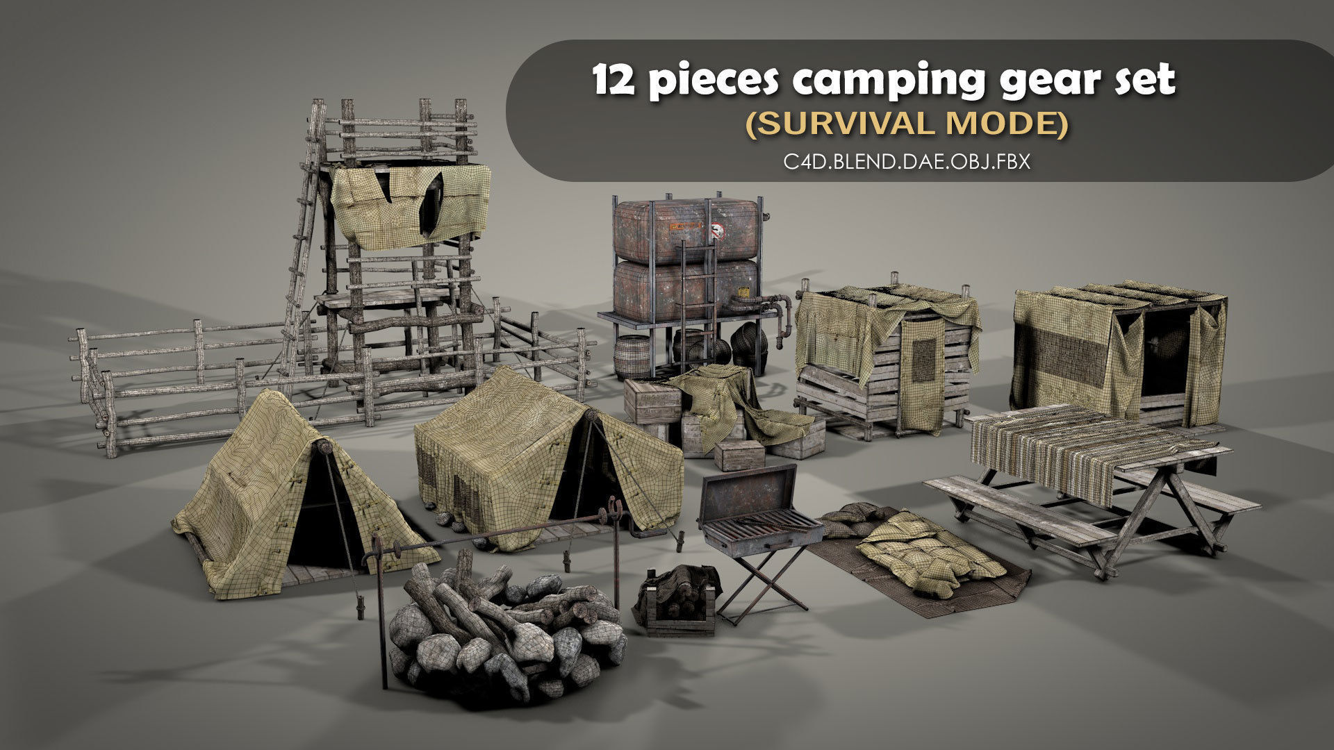 Survival Camping Gear Set 3D model | CGTrader