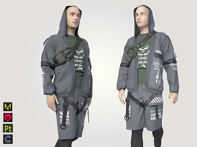 cyberpunk techwear man outfit hoodie shorts shirt 3D model | CGTrader