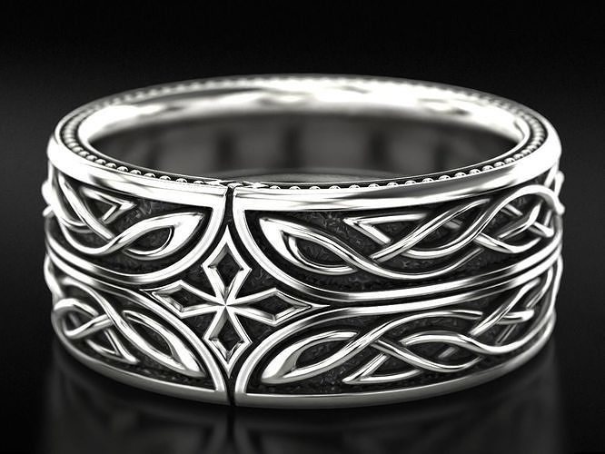 Mens ring in silver with patterns and a cross 776 3D model 3D printable ...