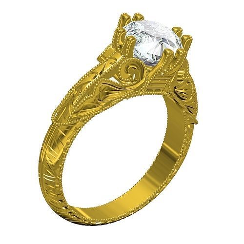 Single Stone Floral Design Engraving Engagement Ring 3D model 3D ...
