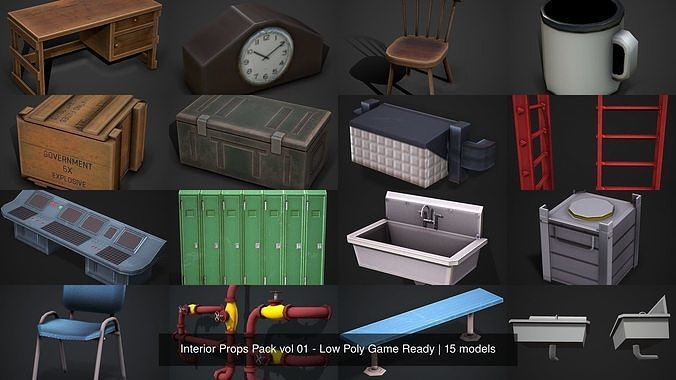 3D Model Collection Interior Props Pack vol 01 - Low Poly Game Ready VR ...