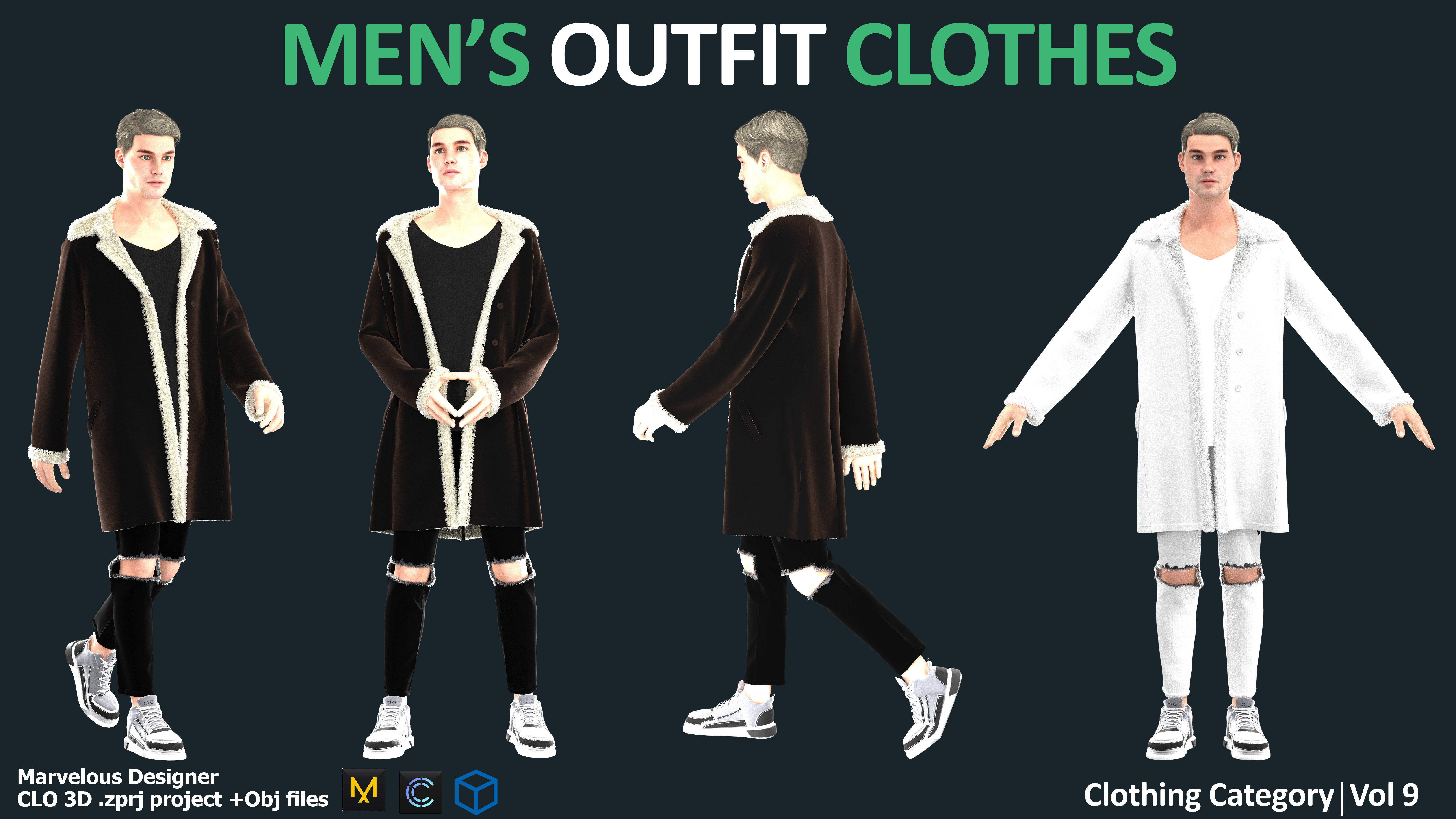 Mens 3D Clothing Collection Long Coat Jeans and TShirt 3D model | CGTrader