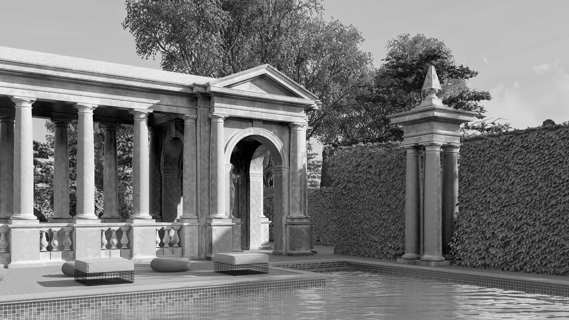 Exteriors swimming pool with classical columns Tuscan column 3D model ...