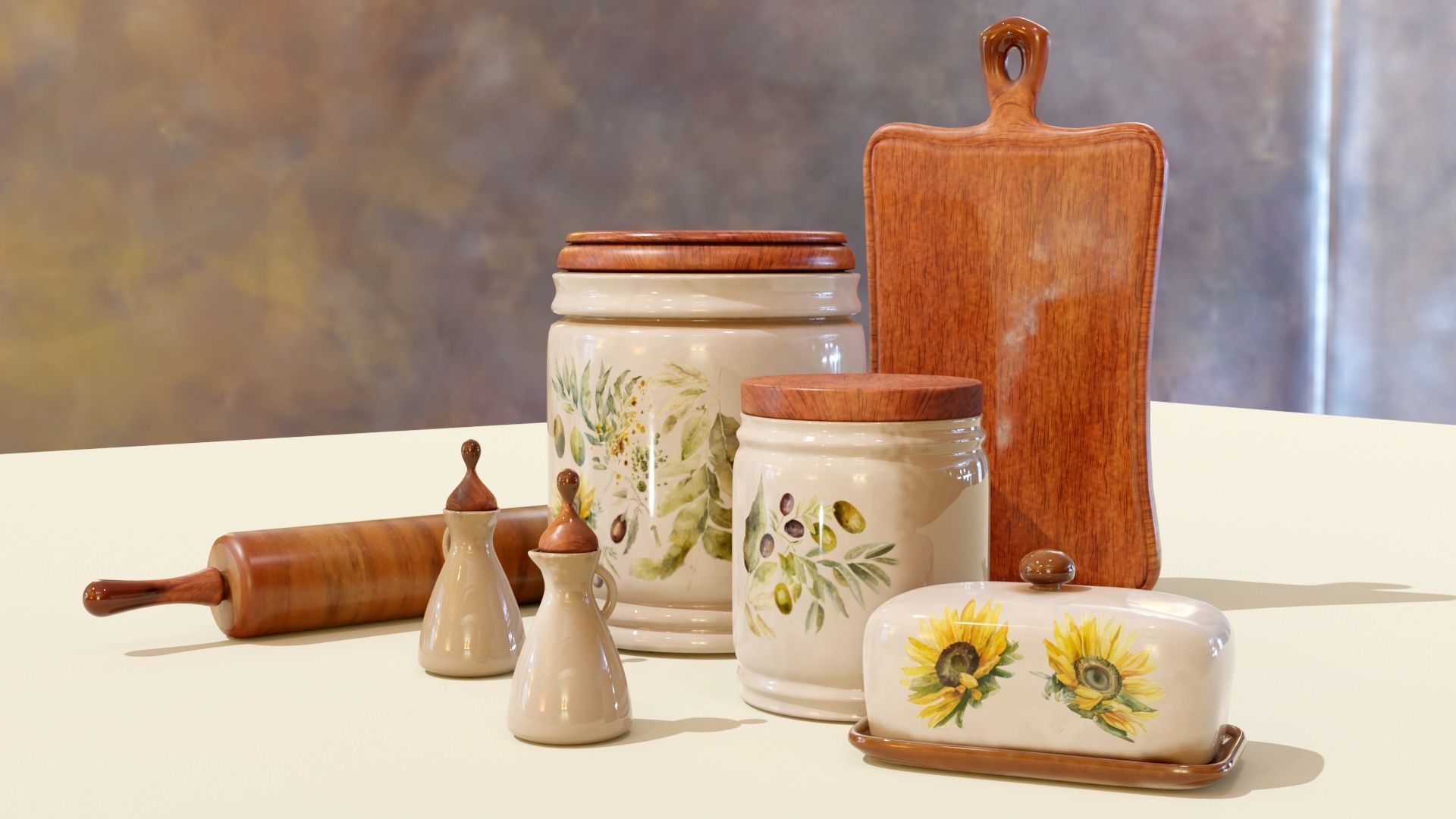 Rustic style designer kitchenware made of wood and ceramics 3D model ...