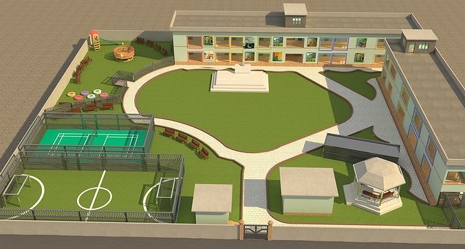 3D model 3D MODEL SCHOOL WITH SPORTS COMPLEX VR / AR / low-poly | CGTrader