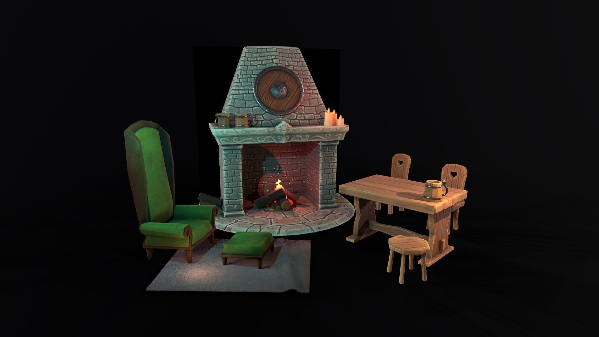 3D model Medieval fantasy tavern fireplace lowpoly stylized asset VR ...