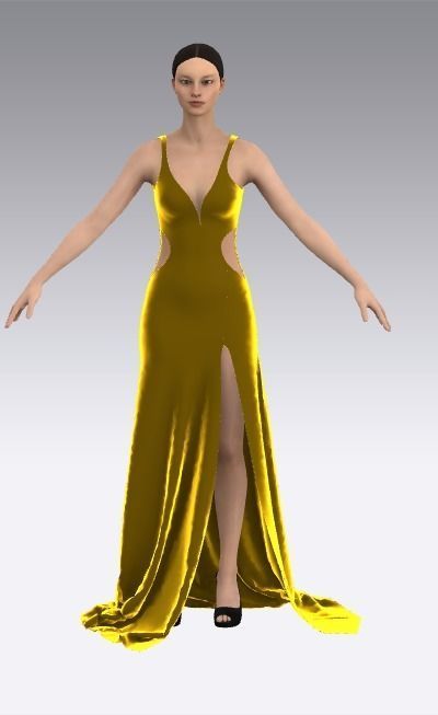 3D model dress velvet fabric yellow color dress VR / AR / low-poly ...