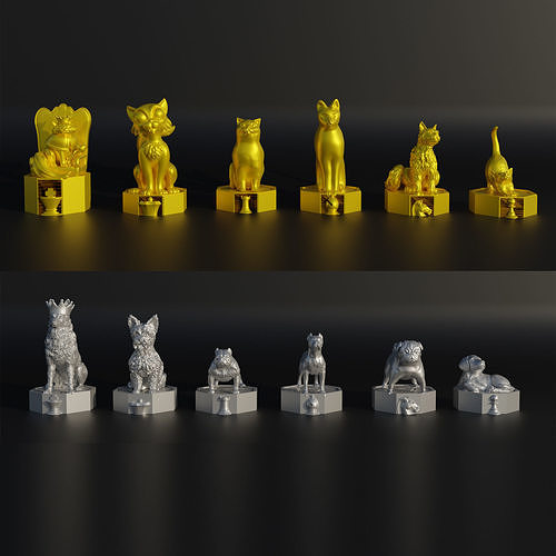 Animal Figure Chess Set - 12 Different Dog And Cat Character 3D model ...