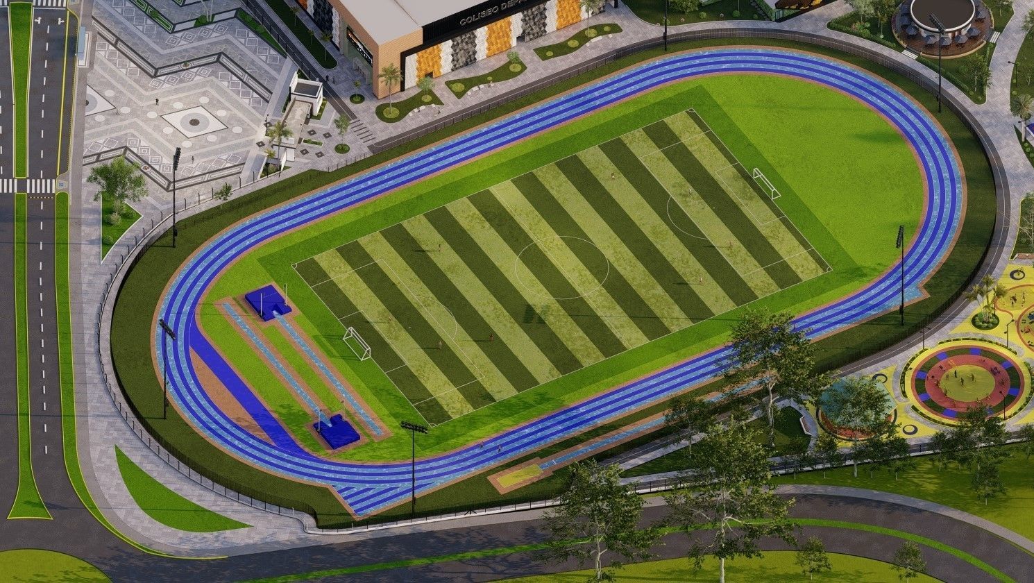 3D model SOCCER FIELD WITH ATHLETICS TRACK VR / AR / low-poly | CGTrader