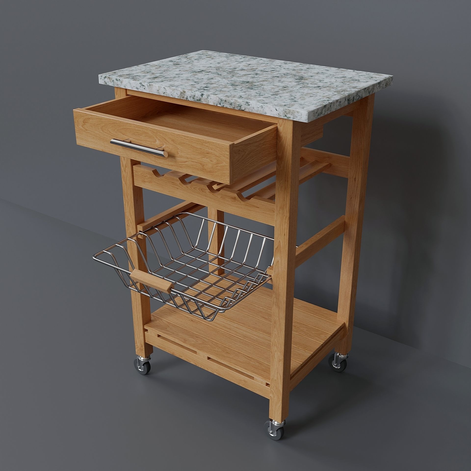 Wood and Granite Top Kitchen Cart 3D model | CGTrader