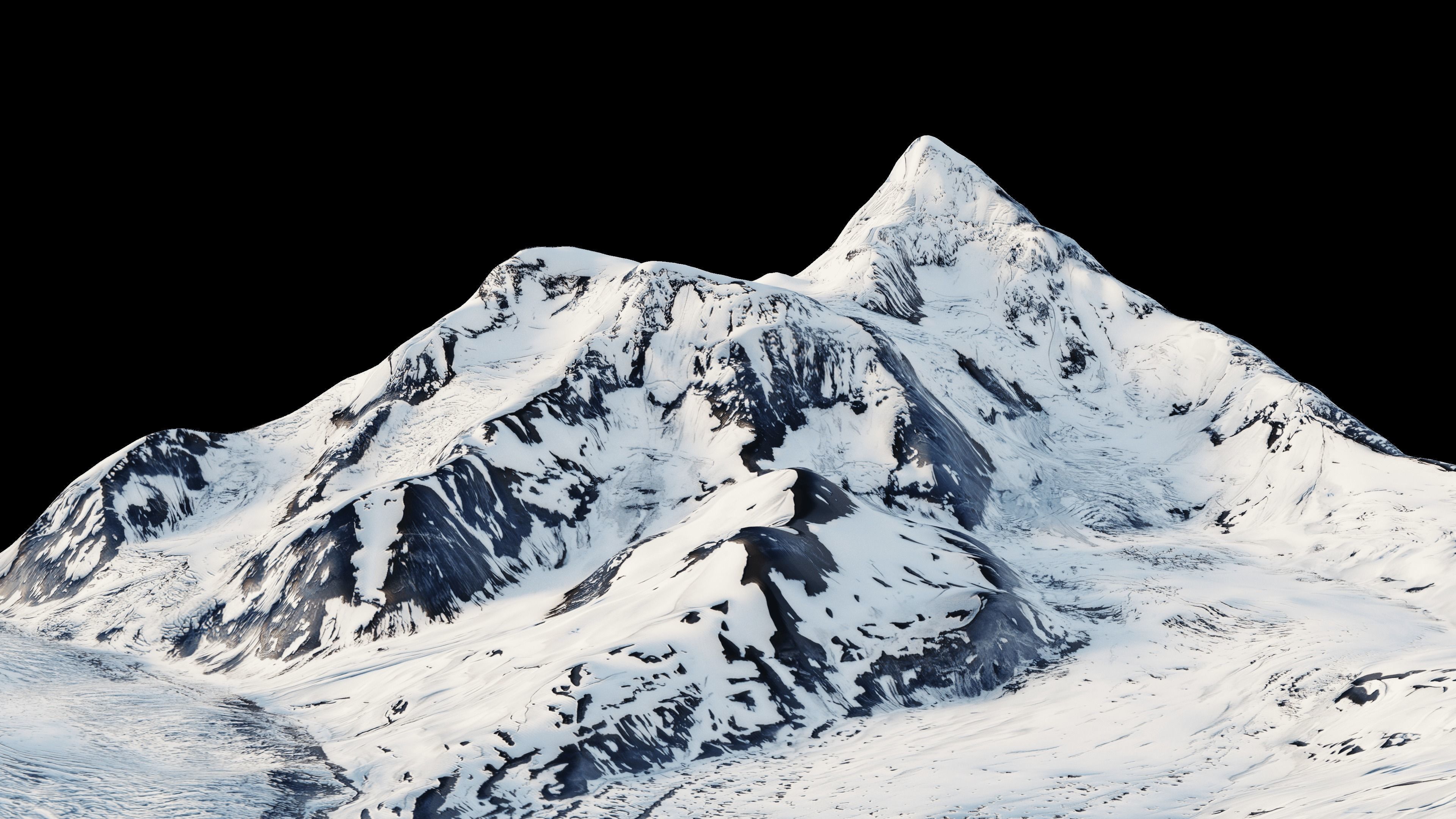 3D model snowy mountain peaks with slopes and frozen rivers VR / AR ...