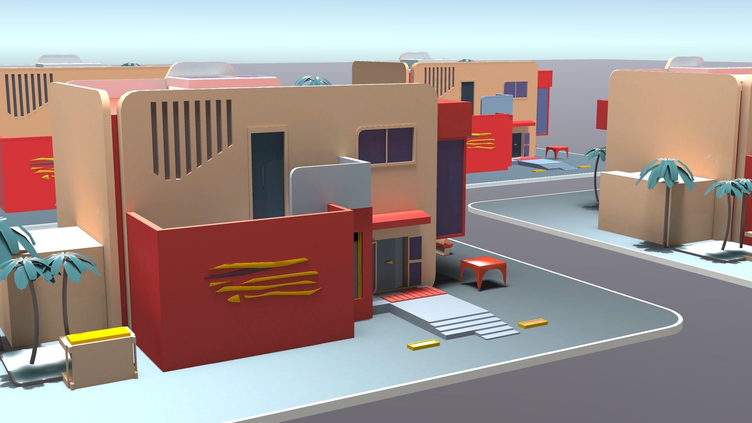 3D model Mordern Cartoon Buliding with backed shadow VR / AR / low-poly ...