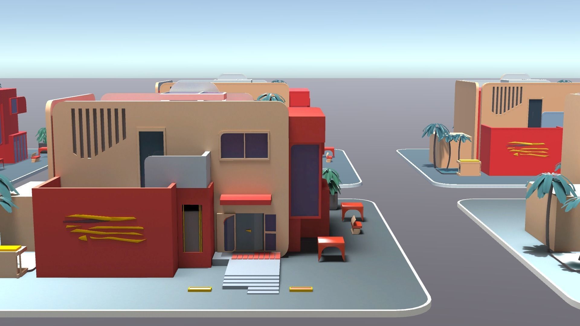 3D model Mordern Cartoon Buliding with backed shadow VR / AR / low-poly ...