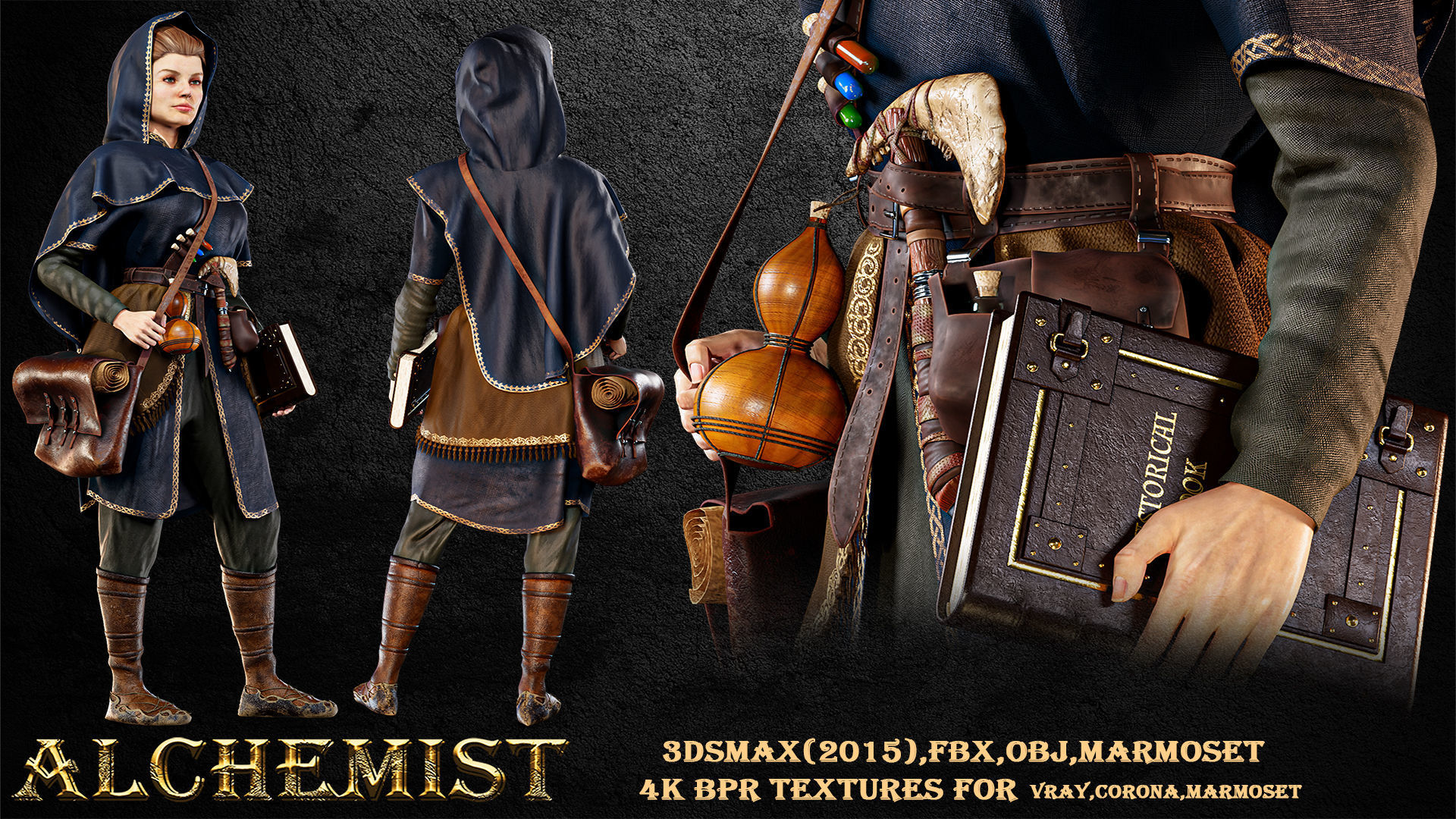 3D model ALCHEMIST WITH 10 MEDIVAL BOOKS VR / AR / low-poly | CGTrader