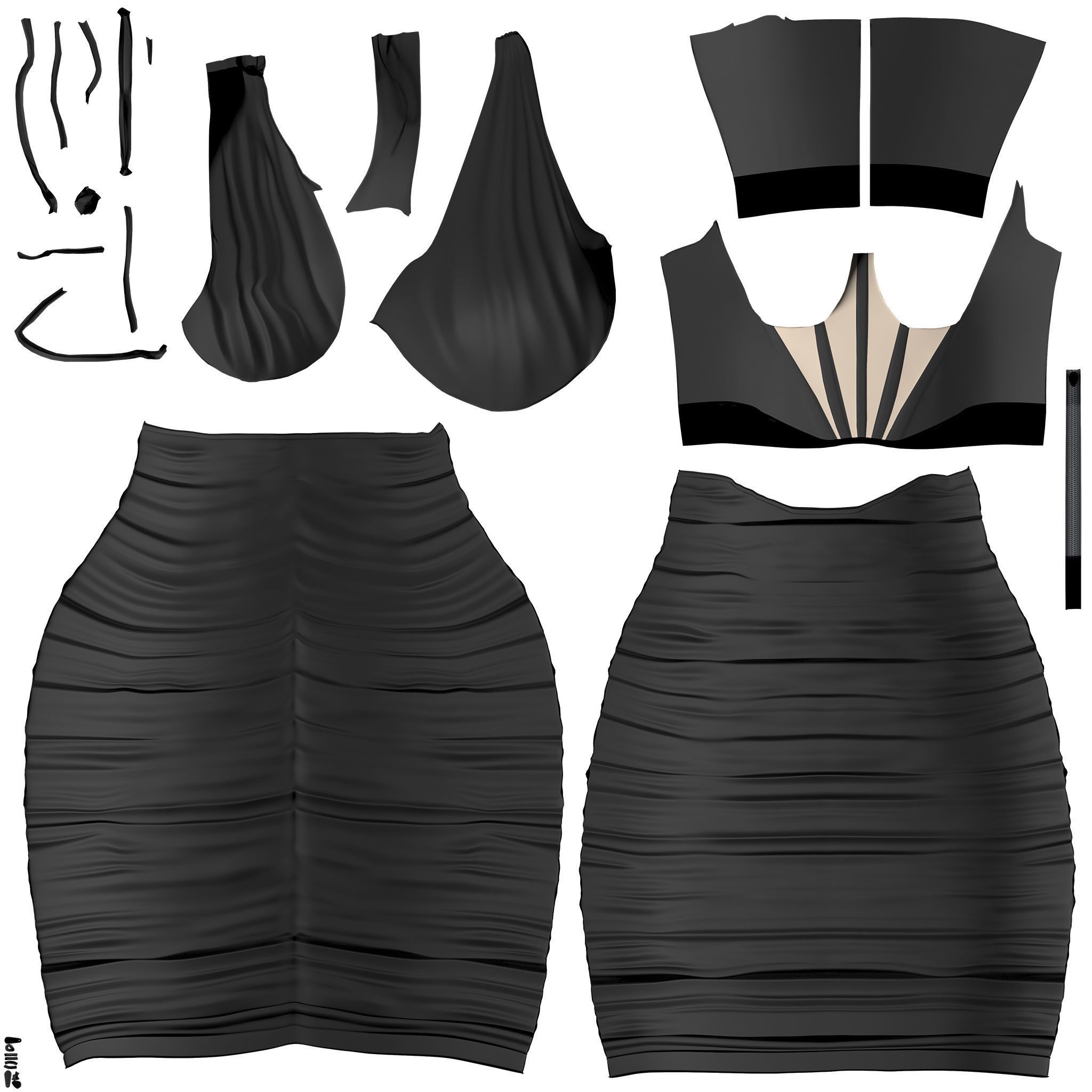 3D model One Shoulder Seam Front Ruched Mesh Overlay Dress VR / AR ...