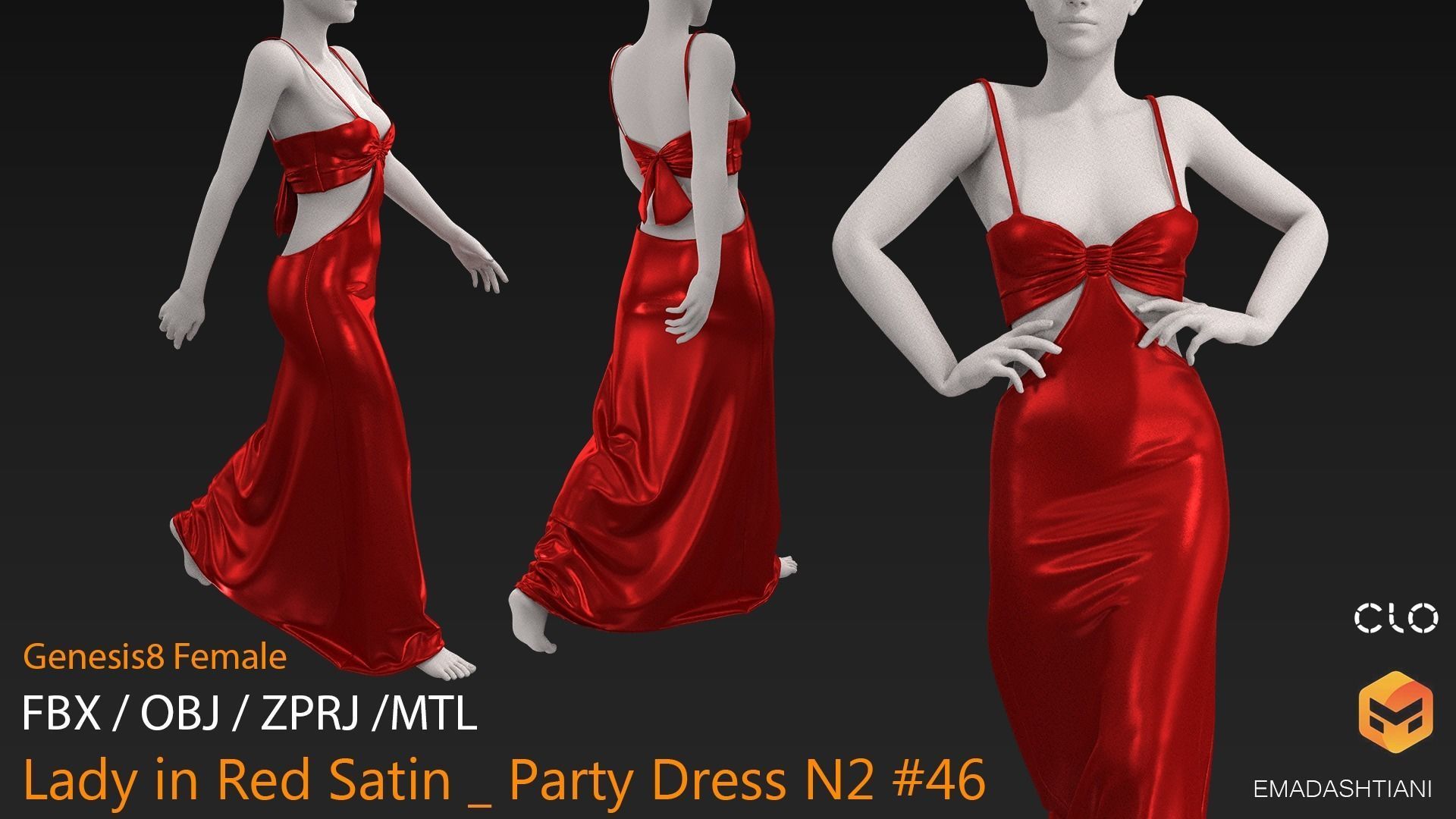 Lady in Red Satin Party Dress N2 46 CLO3D ZPRJ FBX OBJ MTL 3D model ...