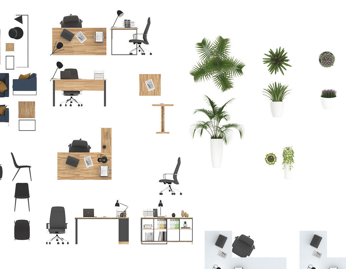 Floor Plan 2D office furniture top view 3D render realistic p1 3D model ...