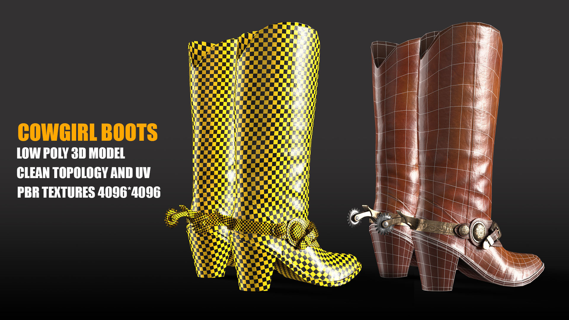 3D model Leather Cowgirl Boots Low-poly 3D model PBR Textures VR / AR ...