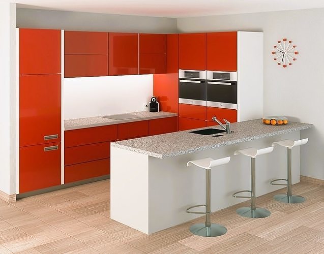 Open modern red kitchen set with a bar 3D model | CGTrader