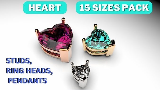 Heart shape 3 prong setting stud earrings or ring heads 3D model 3D ...