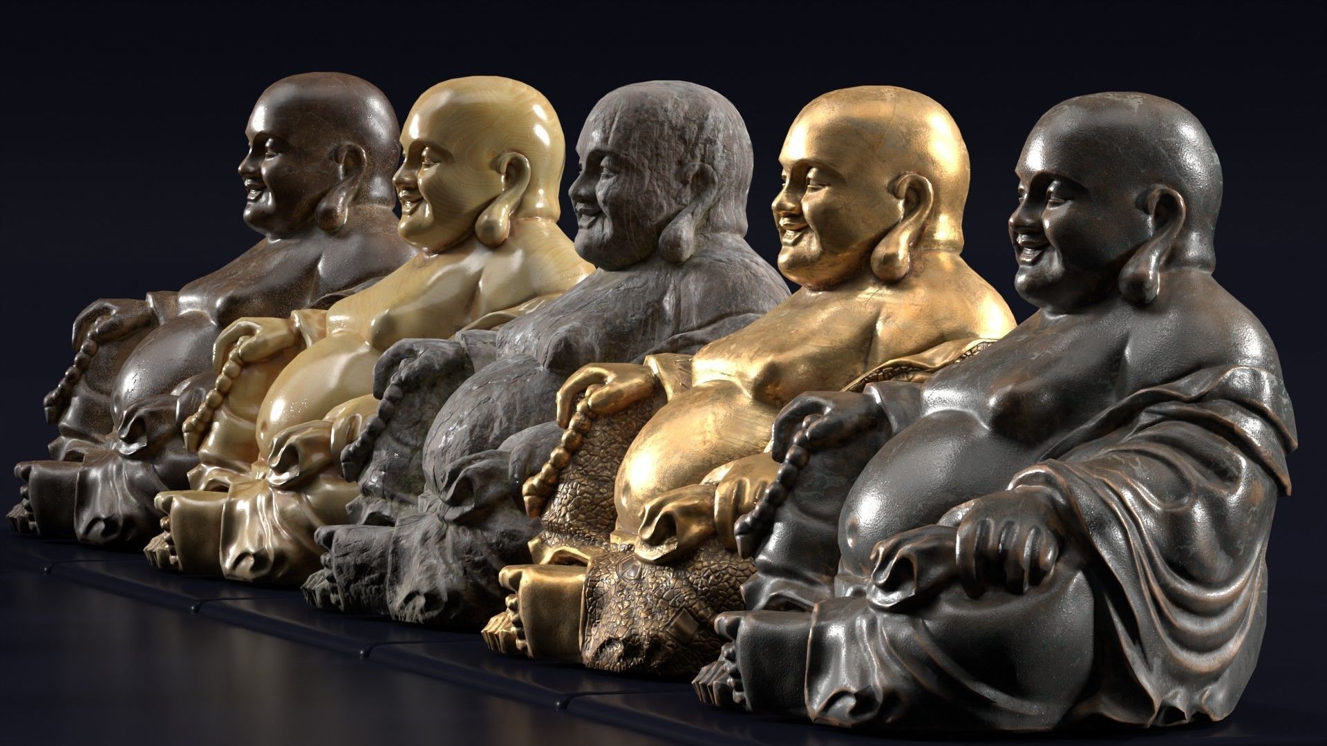 3D model Buddha Budai Statue set of 5 gold stone ivory lavastone clay ...