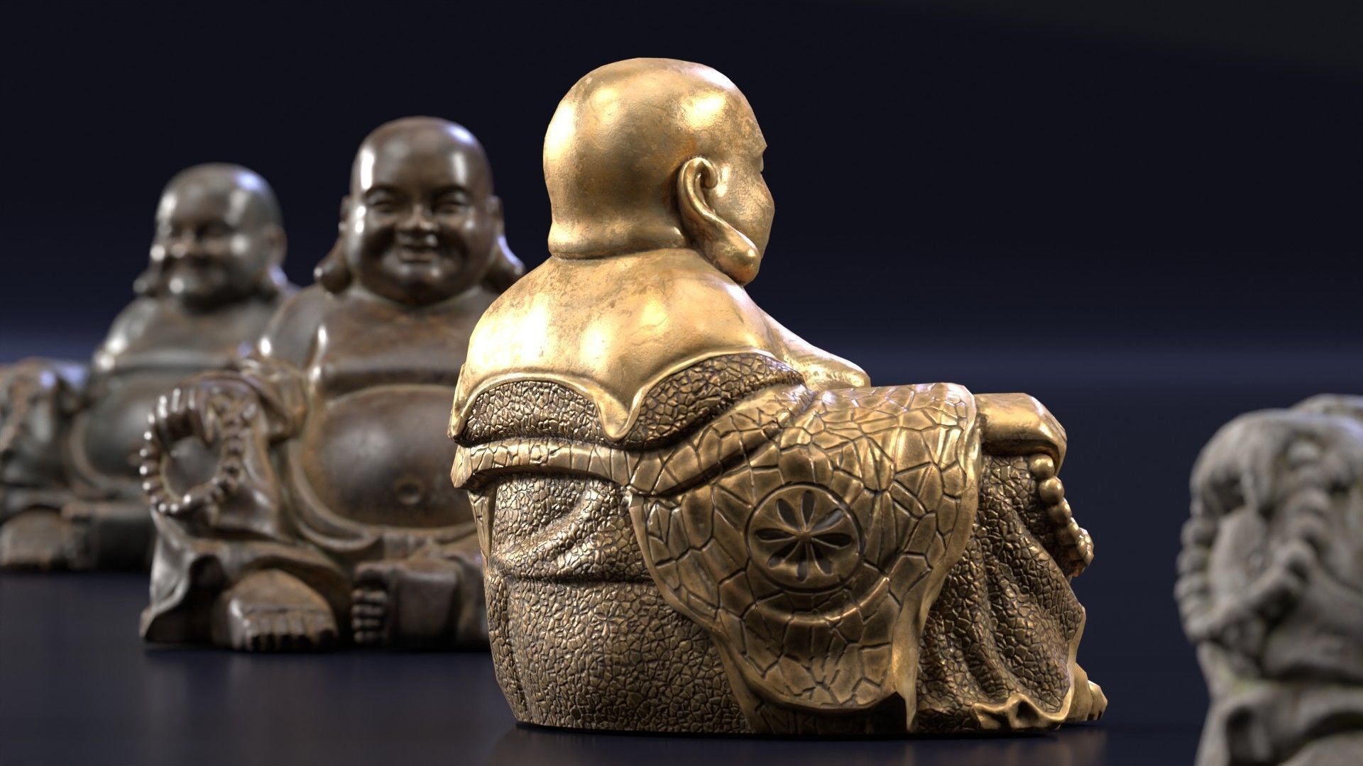 3D model Buddha Budai Statue set of 5 gold stone ivory lavastone clay ...