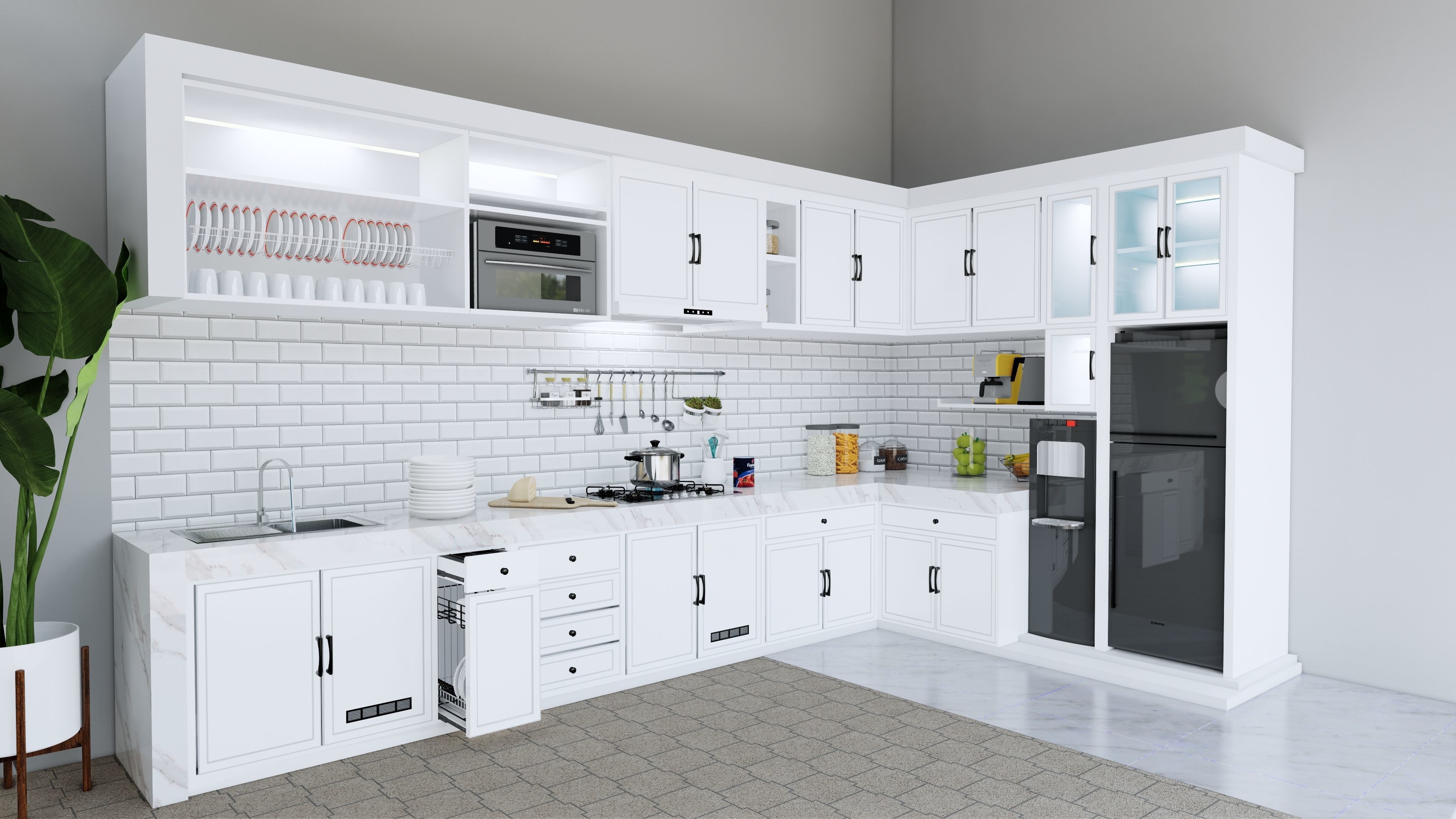 3D model White Letter L Kitchen 3D Design Sketch Up Render Enscape VR ...