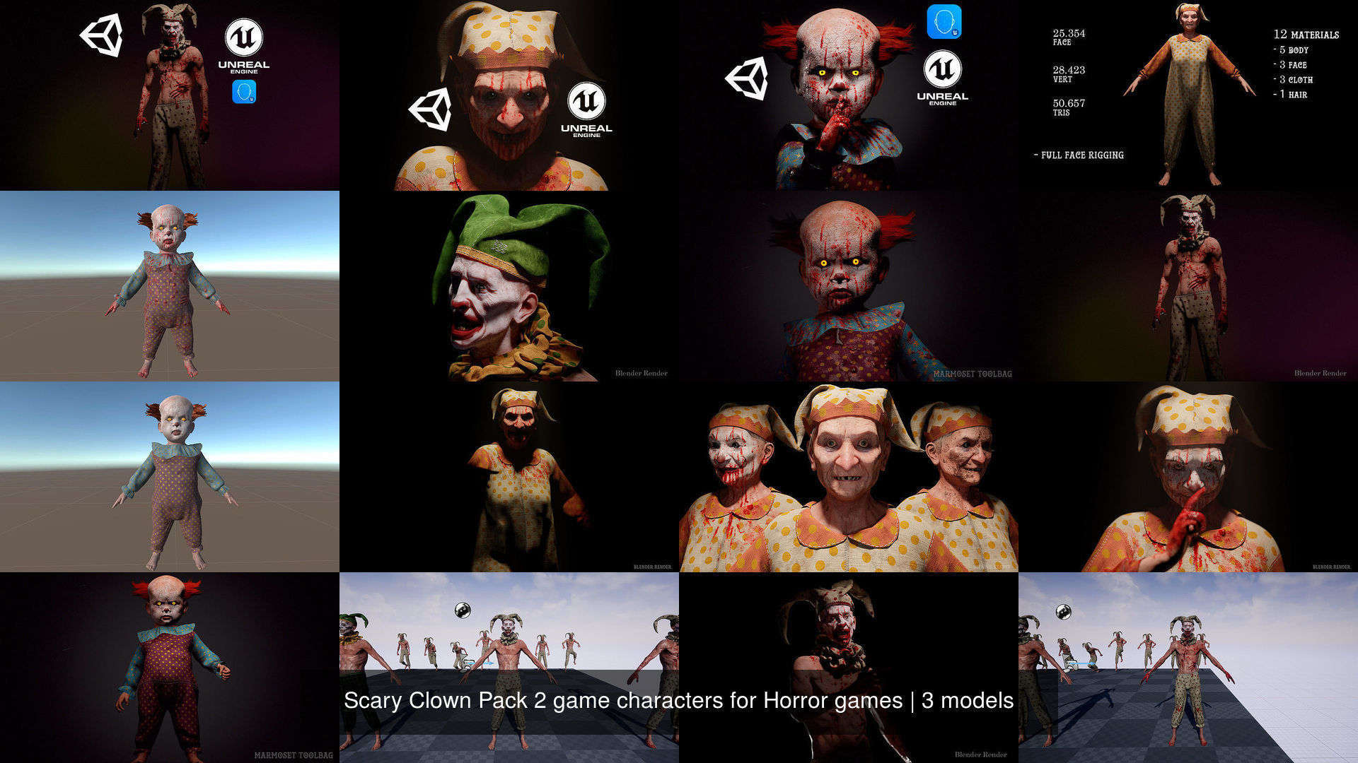Scary Clown Pack 2 game characters for Horror games 3D Model Collection ...