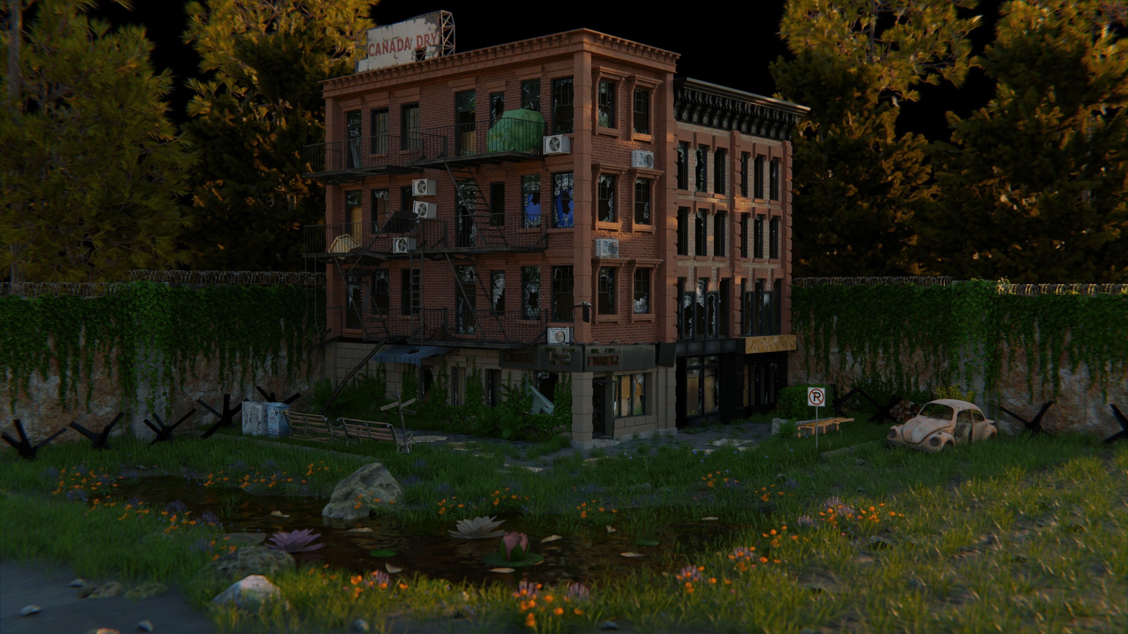 Post apocalyptic abandoned brick building 3D model | CGTrader