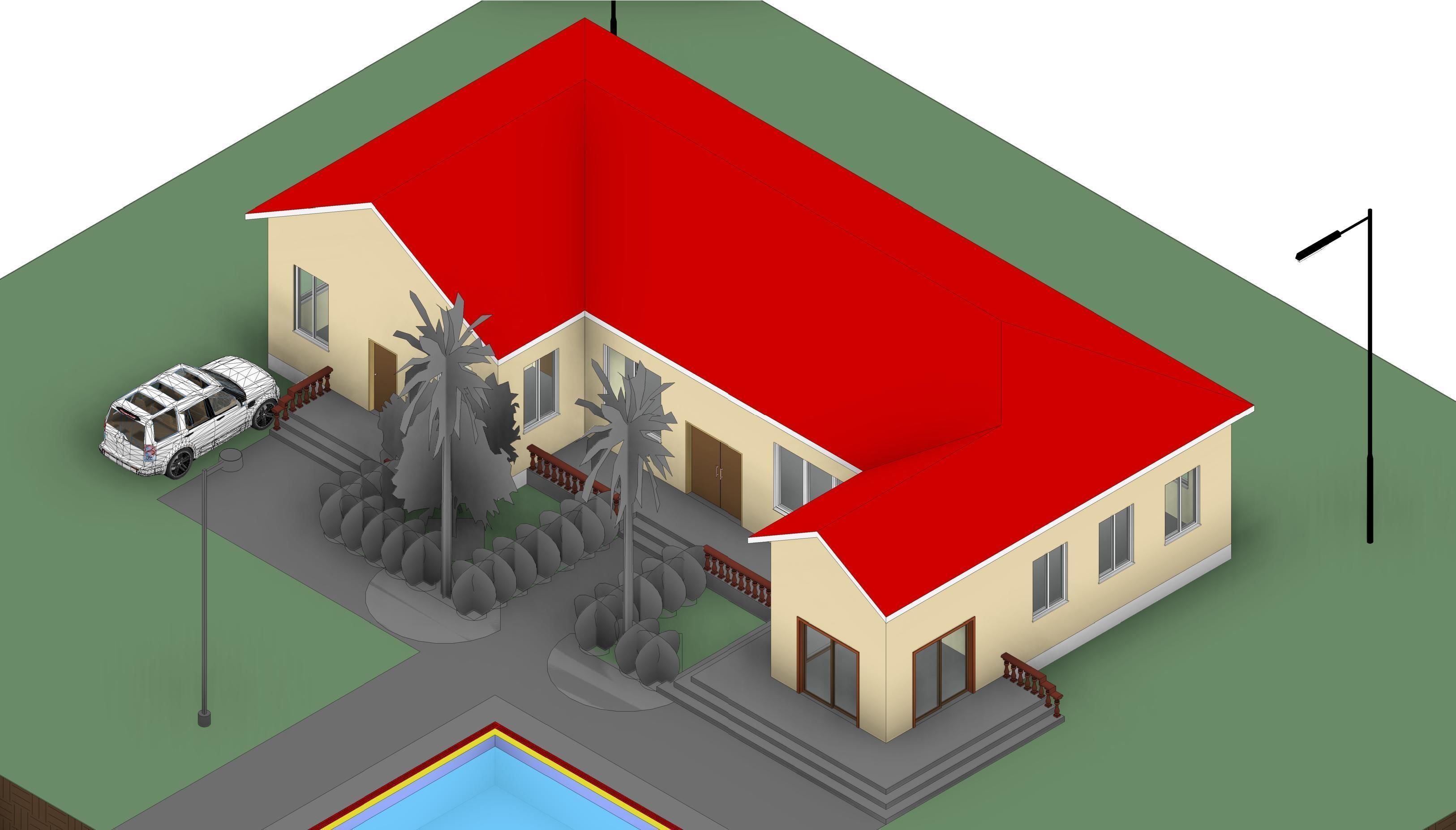 Resort house pitched roof with swimming pool in Revit 3D model | CGTrader