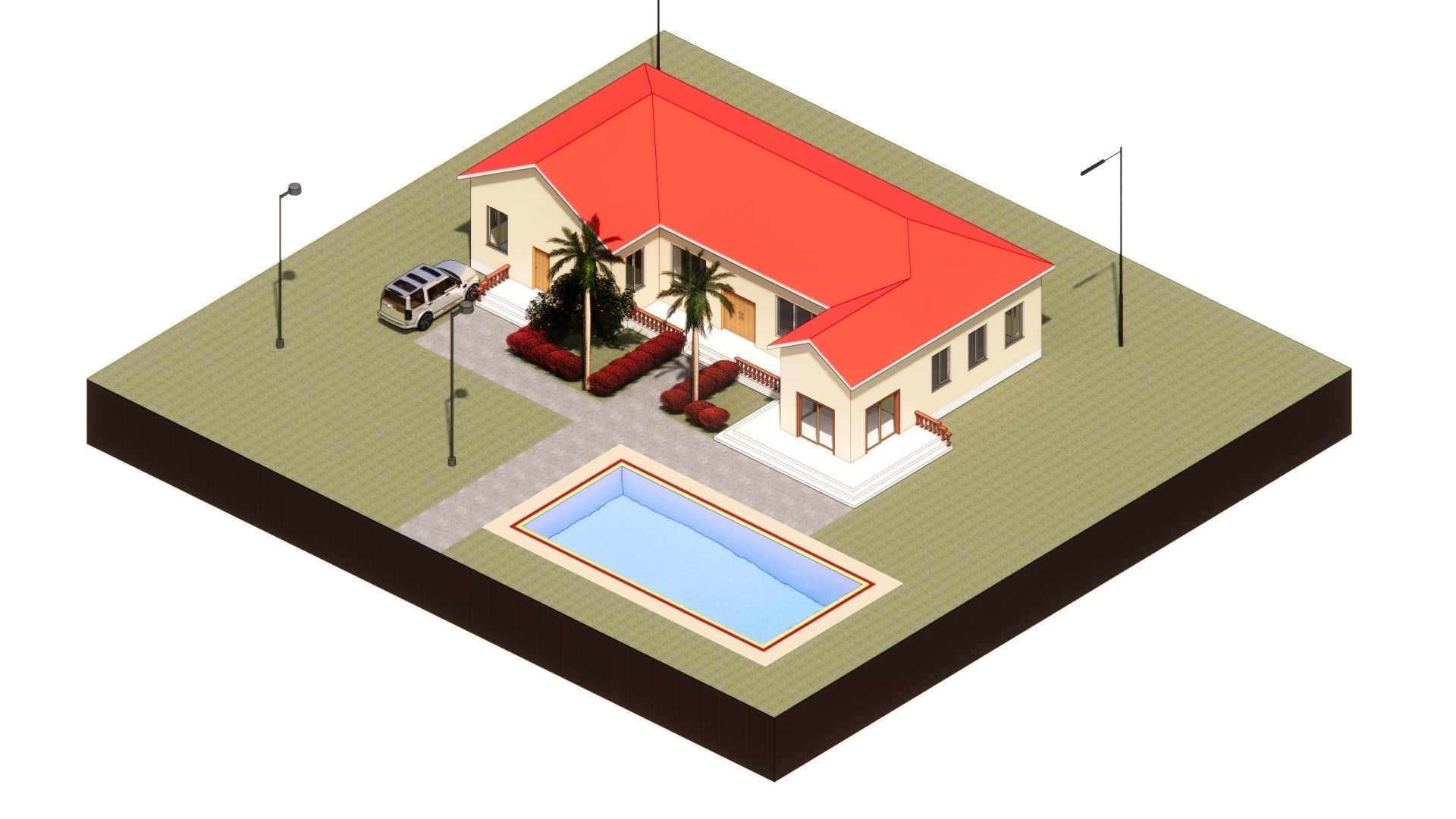 Resort house pitched roof with swimming pool in Revit 3D model | CGTrader