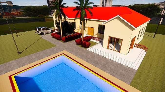 Resort house pitched roof with swimming pool in Revit 3D model | CGTrader