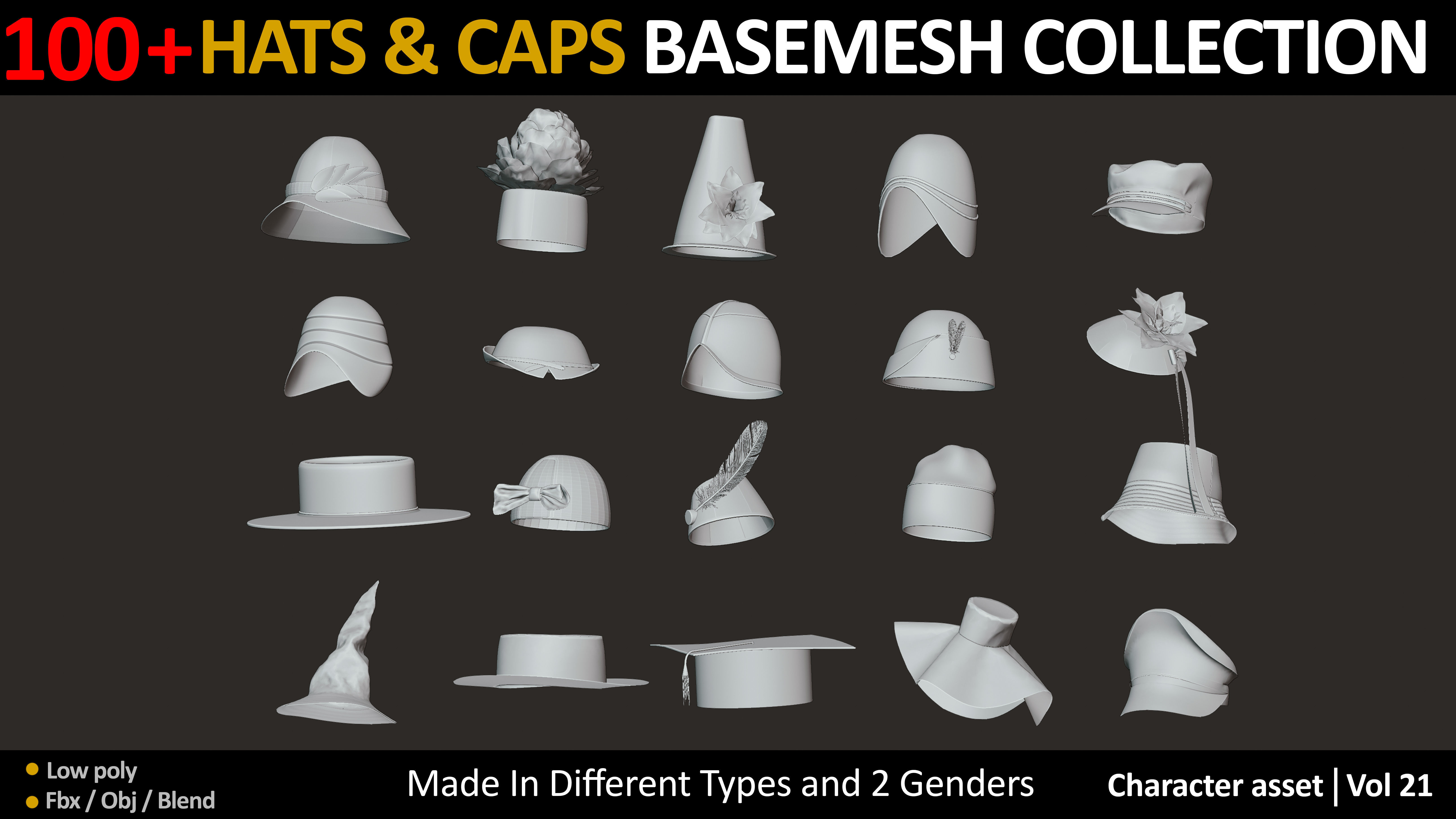 3D model 100 JEFF HATS and CAPS VR / AR / low-poly | CGTrader