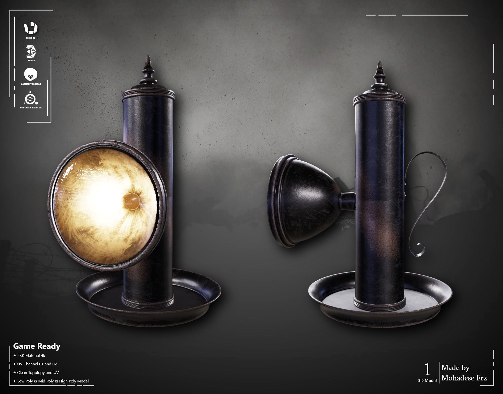 3D model Military Flashlight ww2 VOL07 Game Ready VR / AR / low-poly ...